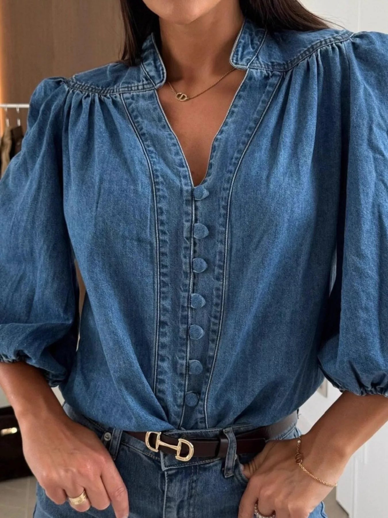 Button-Down Puff Sleeve Denim Top – Crafty Cowgirl