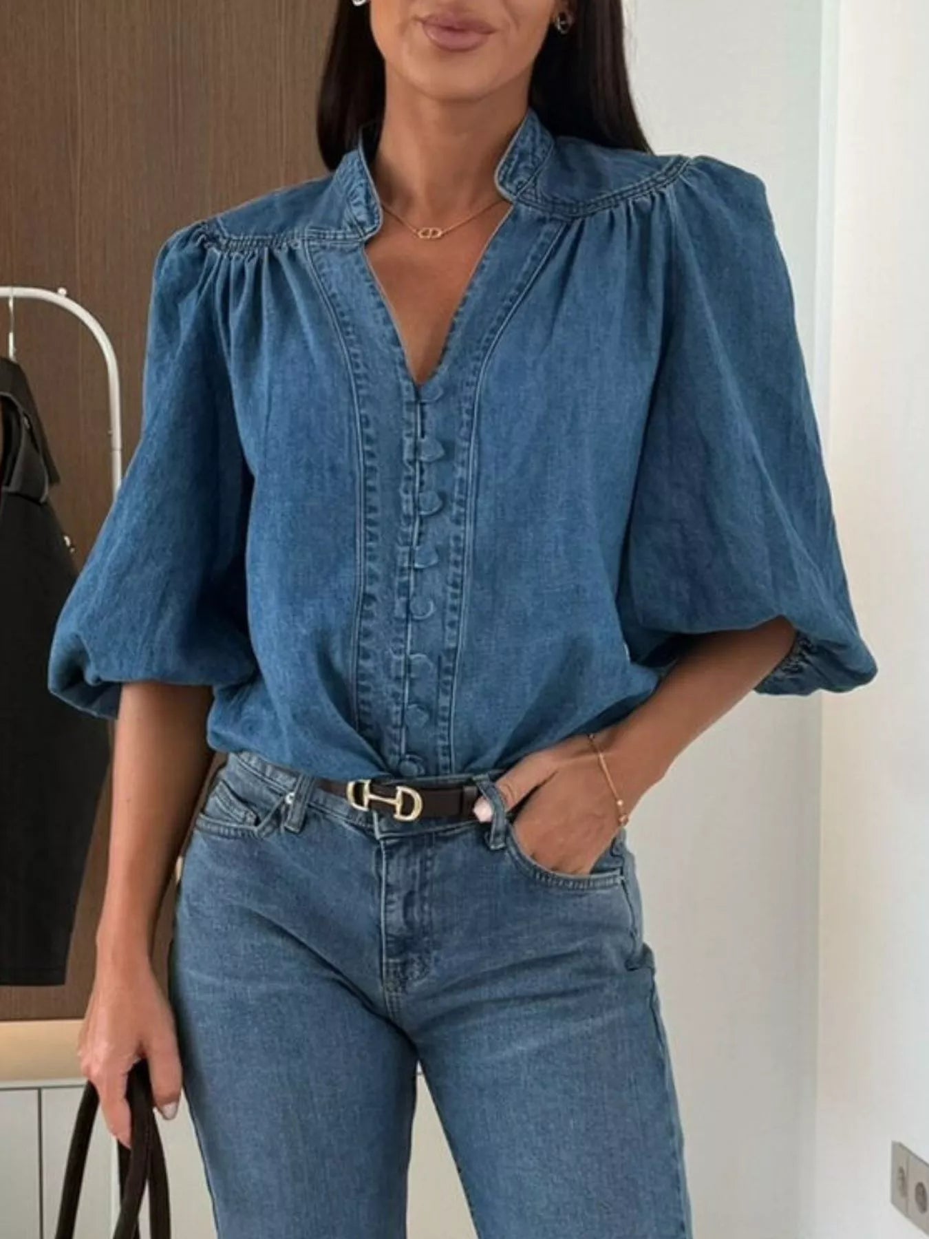 Button-Down Puff Sleeve Denim Top – Crafty Cowgirl