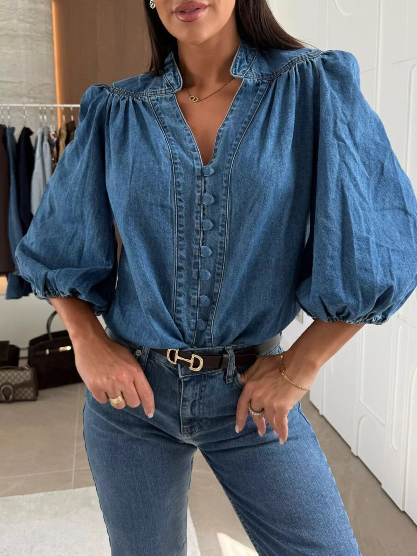 Button-Down Puff Sleeve Denim Top – Crafty Cowgirl